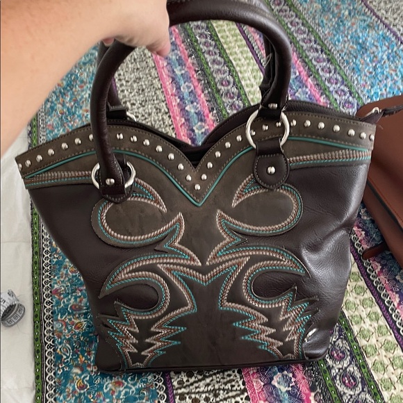 Justin Boots | Bags | Justin Boots Dark Brown Tote With Teal Embroidery ...
